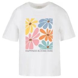 T-Shirt Merchcode "Merchcode Ladies Happiness Blooms Here Tee", Damen, Gr. L, wei&szlig;, 100% Baumwolle, bedruckt, oversize, Rundhals, Shirts T-Shirt