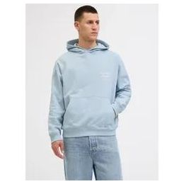 Jack & Jones Kapuzensweatshirt JACK & JONES "JORNORREBRO TYPO BACK SWEAT HOOD SN", Herren, Gr. M, skyway, angeraute Sweatware, Obermaterial: 89% Baumwolle, 11% Polyester, bedruckt, relaxed fit normal, ohne Ausschnitt, Rippb&uuml;ndchen, Sweatshirts, mit Print