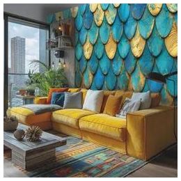 Livingwalls Vliestapete LIVING WALLS "Fototapete Schuppenoptik Gold Blau erweiterbar", blau, B:2,8m H:0,02m L:1,59m, Vlies, Tapeten