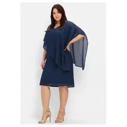 Cocktailkleid sheego "Cocktailkleid", Damen, Gr. 48, Normalgr&ouml;&szlig;en, blau (marine), 100% Polyester, unifarben, knielang, V-Ausschnitt, Kleider