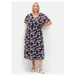 Sommerkleid sheego "Kleid", Damen, Gr. 56, Normalgr&ouml;&szlig;en, blau (marine, gemustert), 100% Polyester, gebl&uuml;mt, gemustert, lang, V-Ausschnitt, Kleider Sommerkleid