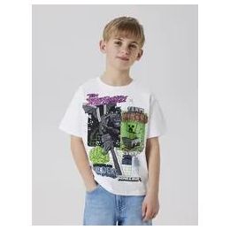 T-Shirt name it "NKMJAHI MINECRAFT NREG SS TOP NOOS BFU", Jungen, Gr. 122/128, wei&szlig; (hellwei&szlig;), Jersey, Obermaterial: 100% Baumwolle, bedruckt, relaxed fit normal, Rundhals, Shirts T-Shirt