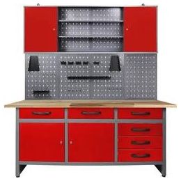 Werkstatt-Set ONDIS24 "Karsten", rot (rot, grau), B:160cm H:205cm T:60cm, Metall, Werkb&auml;nke, 160 cm, h&ouml;henverstellbar, inkl. Hakenset