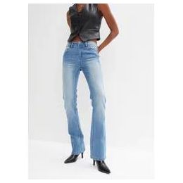 Schlagjeans bonprix "Flared Jeans Mid Waist, Stretch", Damen, Gr. 36, K-Gr, blau (hellblau denim (kurz)), Obermaterial: 82% Baumwolle, 17% Polyester, 1% Elasthan, slim fit, Jeans, 5-Pocket-Style, aus Baumwolle, Polyester und Elasthan, Mid Waist