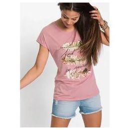 T-Shirt bonprix "T-Shirt mit Glitzerdruck", Damen, Gr. 36/38 (S), rosa (rauchrose bedruckt), Obermaterial: 65% Polyester, 35% Viskose, schmal, Shirts T-Shirt, schmale Passform, Kurzarm, mit Glitzerdruck