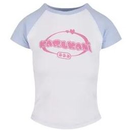 T-Shirt Karl Kani "Karl Kani Woven Signature Kk Heart Tiny Tee", Damen, Gr. XXS, wei&szlig;, lightblau, 95% Baumwolle, 5% Elasthan, bedruckt, normal, Rundhals, Shirts T-Shirt
