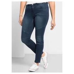 Stretch-Jeans sheego, Damen, Gr. 100, Langgr&ouml;&szlig;en, blau (dunkelblau denim), 37% Viskose, 34% Baumwolle, 27% Polyester, 2% Elasthan, unifarben, lang, Jeans