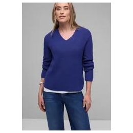 V-Ausschnitt-Pullover Street One, Damen, Gr. 42, amparo blau, Web, 60% Baumwolle, 40% Polyacryl, unifarben, comfort fit normal, V-Ausschnitt, normaler Saum, Pullover, im soften Baumwoll-Mix