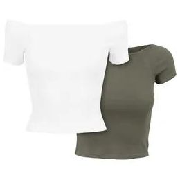 T-Shirt Urban Classics "Urban Classics Damen Ladies Off Shoulder Rib Tee 2-Pack", Damen, Gr. L, wei&szlig;, olive, 97% Baumwolle, 3% Elasthan, unifarben, slim fit, Carmenausschnitt, Shirts T-Shirt