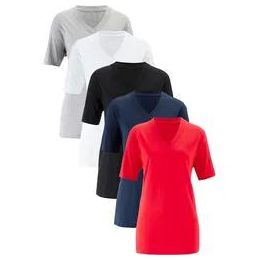 Longshirt bonprix "Weites Long-Shirt mit V-Ausschnitt, Kurzarm (5er Pack)", Damen, Gr. 44/46 (L), erdbeere, schwarz, wei&szlig;, hellgrau meliert, dunkelblau, Jersey, Obermaterial: 90% Baumwolle, 10% Viskose, mehrfarbig, unifarben, loose fit normal, V-Ausschnitt, gerader Abschluss, Shirts Longshirt, lockere Passform, Kurzarm, mit V-Ausschnitt, unifarben