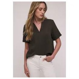 Kurzarmbluse Street One, Damen, Gr. 42, espresso braun, Web, 100% Baumwolle, unifarben, normal normal, Rundhals, B&uuml;ndchen, Blusen, aus reiner Baumwolle
