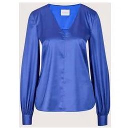 Madeleine Mode Langarmbluse MADELEINE "Satinbluse Blusenshirt mit schimmerndem Glanz", Damen, Gr. 34, blau (azurblau), Obermaterial: 100% Polyester PES., Modern, gerade, V-Ausschnitt, Blusen, Markante Mittelnaht