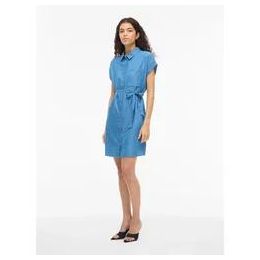 Blusenkleid Vila "VINORI S/S SHIRT DRESS - NOOS", Damen, Gr. 38, N-Gr, medium blau denim, Web, Obermaterial: 67% Baumwolle, 33% Lyocell, unifarben, regular fit kurz, Kleider Blusenkleid, Sommerkleid, im Denim Look