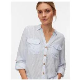 V&eacute;ro Moda Hemdbluse VERO MODA "VMBUMPY L/S SHIRT NEW WVN GA NOOS", Damen, Gr. XS, brunnera blau stripes:eva snow wei&szlig;, Web, Obermaterial: 100% Viskose, gestreift, regular fit Po-bedeckend, V-Ausschnitt, mit Riegel Manschette, Blusen Hemdbluse, Viskose, regular fit