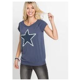T-Shirt bonprix, Damen, Gr. 44/46 (L), indigo bedruckt, Jersey, Obermaterial: 64% Polyester, 32% Viskose, 4% Elasthan, bedruckt, unifarben, bequem h&uuml;ftlang, U-Boot-Ausschnitt, Raglan&auml;rmel, Shirts T-Shirt, bequeme Passform, U-Boot-Ausschnitt, Rippb&uuml;ndchen