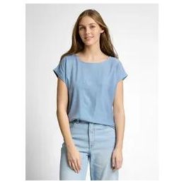 Rundhalsshirt Tom Tailor DENIM, Damen, Gr. S, small mid blau wei&szlig;, Web, Obermaterial: 58% Viskose, 38% Polyester, 4% Elasthan, geringelt, gestreift, normal taillenlang, Rundhals, Shirts Rundhalsshirt, &Auml;rmellos im Streifen-Look