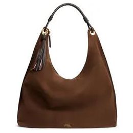 Hobo Tommy Hilfiger "TH STATEMENT LEATHER HOBO SUEDE", Herren, Gr. B/H/T: 0cm x 0cm x 0cm, braun, Veloursleder, Taschen Hobo, Damen Shopper, Schultertasche, Handtasche, goldfarbenes Logo