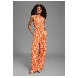 Jumpsuit Laura Scott, Damen, Gr. 44, N-Gr, rot, gemustert, Jersey, Obermaterial: 95% Viskose, 5% Elasthan, gemustert, bequem, Rundhals, Overalls Jumpsuit, mit sommerlichem Muster, modisch weites Bein und Knopfleiste