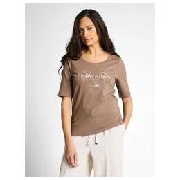 Kurzarmshirt Tom Tailor, Damen, Gr. XS, taupe grau, Single Jersey, Obermaterial: 95% Baumwolle, 5% Elasthan, bedruckt, regular fit h&uuml;ftbedeckend, tiefer Rundhals, Shirts, Sommershirt mit Frontprint