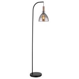 Globo LIGHTING Stehlampe "MATTEA", schwarz matt, 1, H: 150cm, 1 Stk., Leuchten, Schwarze Stehleuchte mit rauchfarbenem Glas und Holzoptik, Stehlampe
