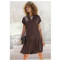 Blusenkleid Lascana, Damen, Gr. 38, N-Gr, dunkelbraun, Web, Obermaterial: 100% Viskose, unifarben, figurumspielend ca. Mitte Oberschenkel, V-Ausschnitt, Kleider Blusenkleid, mit Volant am Rock