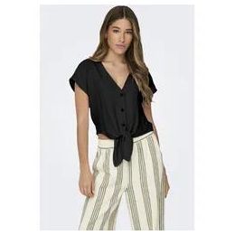 Kurzarmbluse Only "ONLSIESTA SS KNOT LIN BL SHIRT PNT NOOS", Damen, Gr. XS, schwarz, Web, Obermaterial: 80% Viskose, 20% Leinen, unifarben, regular fit kurz, V-Ausschnitt, Blusen, Viskosemischung, regular fit