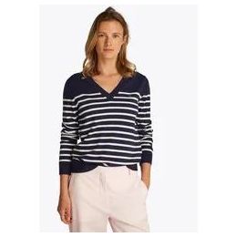 Strickpullover Tommy Hilfiger "STITCH V-NECK", Damen, Gr. S (36/38), blau (schwarz night navy, ivory petal stp), Feinstrick, Obermaterial: 67% Baumwolle, 33% Polyamid, gestreift, Basic, regular fit normal, V-Ausschnitt, eingesetzt Rippstrickb&uuml;ndchen mit Kn&ouml;pfen, Pullover Strickpullover, mit Knopfdetail am &Auml;rmel, Regular Fit