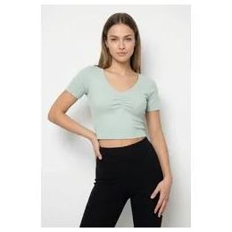 Kurzarmshirt Only "ONLBETTY LIFE S/S SCALLOP V-NECK CC JRS", Damen, Gr. XL, jadeite, Jersey, Obermaterial: 95% Baumwolle, 5% Elasthan, unifarben, h&uuml;ftlang, V-Ausschnitt, Shirts, mit Raffung am Ausschnitt