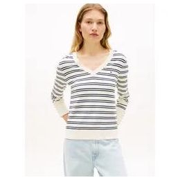 Strickpullover Tommy Hilfiger "STITCH V-NECK", Damen, Gr. S (36/38), calico, schwarz n navy, blau stp, Feinstrick, Obermaterial: 67% Baumwolle, 33% Polyamid, gestreift, Basic, regular fit normal, V-Ausschnitt, eingesetzt Rippstrickb&uuml;ndchen mit Kn&ouml;pfen, Pullover Strickpullover, mit Knopfdetail am &Auml;rmel, Regular Fit