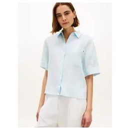 Kurzarmbluse Tommy Hilfiger "ESS LINEN SHORT SLEEVE SHIRT", Damen, Gr. XS (34), keepsake blau, Web, Obermaterial: 100% Leinen, unifarben, gerade normal, V-Ausschnitt, abgesteppte Kante, Blusen, mit aufgesetzter Brusttasche und Flag-Stickerei, reines Leinen