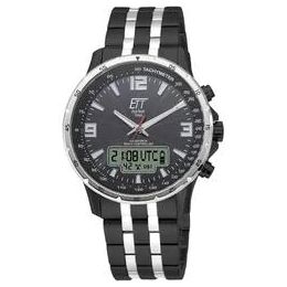 Funk-Multifunktionsuhr ETT "Professional WorldTimer", schwarz, silberfarben, Armbanduhren, Herren, Armbanduhr, Solar, Herrenuhr, Edelstahlarmband, analog, digital, Tag
