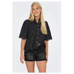 Spitzenbluse Only "ONLVALAIS S/S SHIRT WVN NOOS", Damen, Gr. S, schwarz, Web, Obermaterial: 100% Baumwolle, unifarben, loose fit normal, gewellter Abschluss, Blusen Spitzenbluse, Baumwolle, loose fit