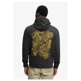 Kapuzensweatshirt Superdry "TOKYO NARRATIVE LOOSE HOOD", Herren, Gr. L, bison schwarz, angeraute Sweatware, Obermaterial: 100% Baumwolle, bedruckt, loose fit normal, Rundhals, Sweatshirts, mit coolem Tattoo-Print