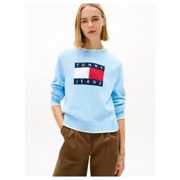 Tommy Hilfiger Strickpullover TOMMY JEANS "TJW TIPPING FLAG SWEATER EXT", Damen, Gr. XXL (44), light powdery blau, Strick, Obermaterial: 100% Baumwolle, unifarben, relaxed fit h&uuml;ftbedeckend, Rundhals, Rippstrickb&uuml;ndchen, Pullover Strickpullover, mit Logo-Intarsie, Relaxed Fit