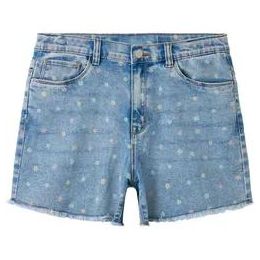 Jeansshorts name it "NKFROSE HW MOM DNM SHORTS", M&auml;dchen, Gr. 152, N-Gr, medium blau denim aop:flower, Denim/Jeans, Obermaterial: 74% Baumwolle, 24% Polyester, 1% Elasthan, 1% Viskose, bedruckt, regular fit kurz, Jeans Jeansshorts, Baumwollmischung, Stretch, Regular Fit, ausgefranster Saum