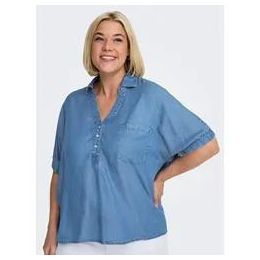 Jeansbluse Only CARMAKOMA "CARCHARIS LIFE CAP SLEEVE SHIRT PNT", Damen, Gr. 50, medium blau denim, Web, Obermaterial: 100% Lyocell, unifarben, normal, V-Ausschnitt, elastischer Bund, Blusen Jeansbluse, im Denim Look, loose fit, elastische &Auml;rmelb&uuml;ndchen
