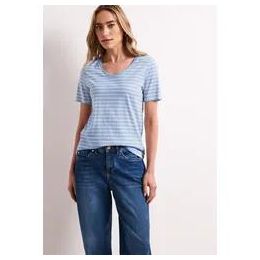 T-Shirt Street One, Damen, Gr. 34, calm blau, Web, 50% Baumwolle, 50% Modal, gestreift, unifarben, normal normal, V-Ausschnitt, abgesteppt, Shirts T-Shirt, mit abgerundetem V-Ausschnitt
