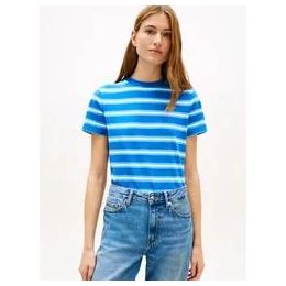 Kurzarmshirt Tommy Hilfiger "TH SCRIPT REGULAR C-NECK SHORT SLEEVE TEE", Damen, Gr. L (42/44), preppy stripe blau orbit, frigid, Single Jersey, Obermaterial: 95% Baumwolle, 5% Elasthan, gestreift, gerade normal, Rundhals, abgesteppte Kante, Shirts