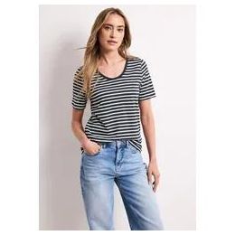 T-Shirt Street One, Damen, Gr. 42, shadowed navy, Web, 50% Baumwolle, 50% Modal, gestreift, unifarben, normal normal, V-Ausschnitt, abgesteppt, Shirts T-Shirt, mit abgerundetem V-Ausschnitt