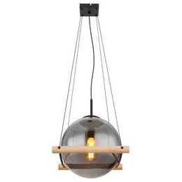 Globo LIGHTING H&auml;ngeleuchte "LEONA", schwarz matt, 1, H: 120cm, 1 Stk., Leuchten, H&auml;ngeleuchte Schwarz/Holz, Rauchglas, h&ouml;henverstellbar, E27, H&auml;ngeleuchte