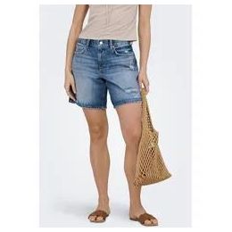 Jeansshorts Only "ONLMILTON MW DESTROY SHORT DNM", Damen, Gr. XS, N-Gr, medium blau denim, Denim/Jeans, Obermaterial: 100% Baumwolle, unifarben, kurz, Jeans Jeansshorts, Baumwolle, Regular Waist, Destroyed Effekte