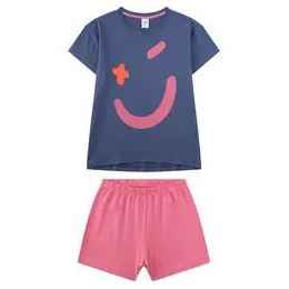 Schlafanzug Sanetta "Pyjama Pyjama Teenager Smiley kurz", M&auml;dchen, Gr. 140, bunt (blau, pink), Obermaterial: 100% Baumwolle CO., Homewear-Sets Schlafanzug