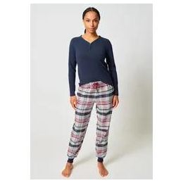 Pyjama Skiny "Night In Skiny Flanell", Damen, Gr. 40, navy blazer, Flanell, Obermaterial: 95% Baumwolle, 5% Elasthan. Obermaterial Hose: 100% Baumwolle, unifarben, bequem lang, V-Ausschnitt, Homewear-Sets Pyjama, elastischer Bund, Bindeband, Oberteil mit Kn&ouml;pfen, lang&auml;rmelig