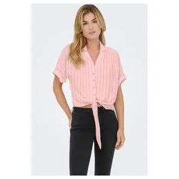 Kurzarmbluse Only "ONLPAULA LIFE S/S TIE SHIRT WVN NOOS", Damen, Gr. XL, romance rose stripes:sangria stripes, Web, Obermaterial: 100% Viskose, gestreift, regular fit normal, V-Ausschnitt, Blusen, Viskose, regular fit