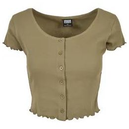 Kurzarmshirt Urban Classics "Urban Classics Damen Ladies Cropped Button Up Rib Tee", Damen, Gr. 3XL, khaki, 97% Baumwolle, 3% Elasthan, unifarben, slim fit, eckiger Ausschnitt, Shirts