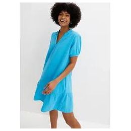Minikleid bonprix, Damen, Gr. 48, N-Gr, t&uuml;rkis, Web, Obermaterial: 100% Baumwolle, unifarben, A-Linie ca. Mitte Oberschenkel, V-Ausschnitt, Puff&auml;rmel mit Gummizug, Kleider Minikleid, aus Baumwoll-Musselin, Volant, kurze Puff&auml;rmel, bequeme A-Linie