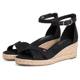 Keilsandalette Tommy Hilfiger "MID WEDGE ESPAD X CROSS", Damen, Gr. 40, schwarz, Leder, Textil, unifarben, Schuhe, Sommerschuh, Riemchensandale mit Jutebesatz - schmale Form
