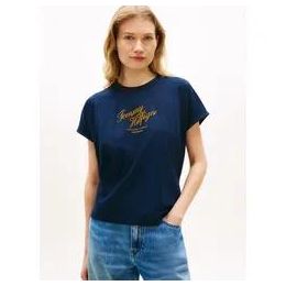 Kurzarmshirt Tommy Hilfiger "SEASONAL SCRIPT CAP SLV TEE", Damen, Gr. XS (34), schwarz night navy, Single Jersey, Obermaterial: 100% Baumwolle, bedruckt, unifarben mit Farbeinsatz, gerade normal, Rundhals, Raglan&auml;rmel abgesteppt, Shirts, mit Raglan&auml;rmeln, Relaxed Fit