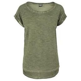 Kurzarmshirt Urban Classics "Urban Classics Damen Ladies Long Back Shaped Spray Dye Tee", Damen, Gr. M, olive, 100% Baumwolle, loose fit, U-Boot-Ausschnitt, Shirts