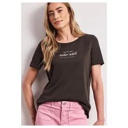 T-Shirt Street One, Damen, Gr. 46, espresso braun, Stoff, 80% Polyester, 20% Viskose, gemustert, normal normal, Rundhals, abgesteppt, Shirts T-Shirt, in Leinen-Optik